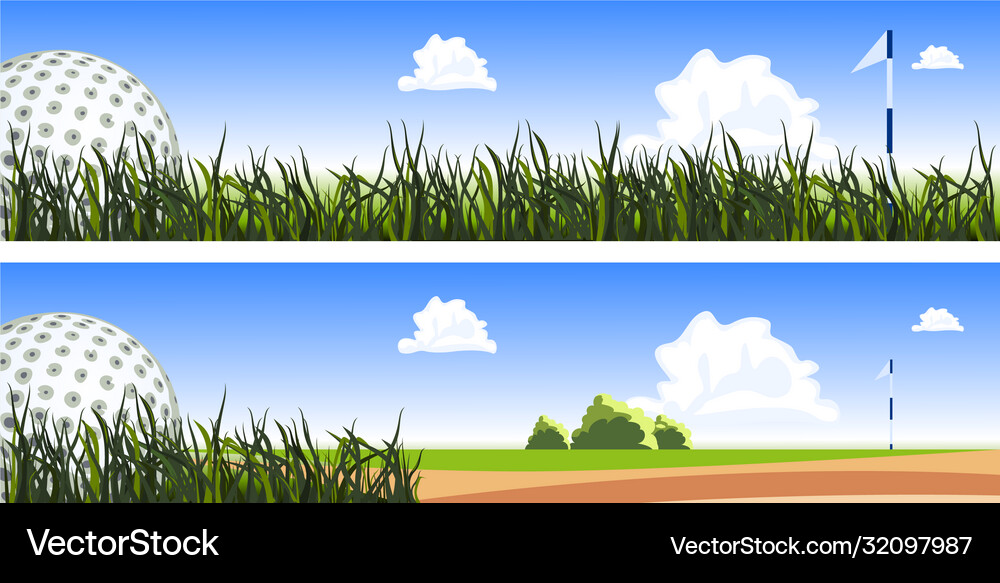 Golf ball on green grass close up two banners Vector Image