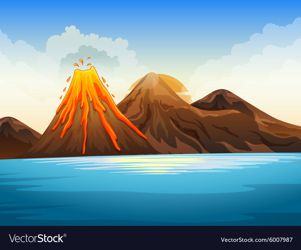Volcano eruption lake Royalty Free Vector Image