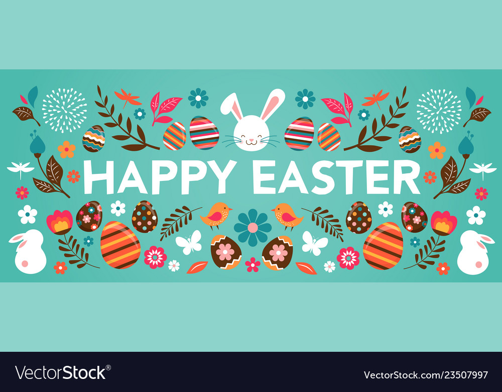 Happy easter banner with flowers eggs and Vector Image