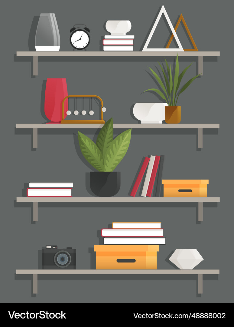 Book shelves with decor items cartoon design Vector Image
