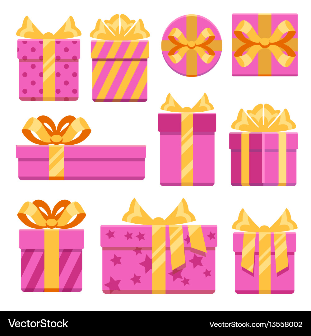 Pink gift boxes with ribbon bows icons set Vector Image