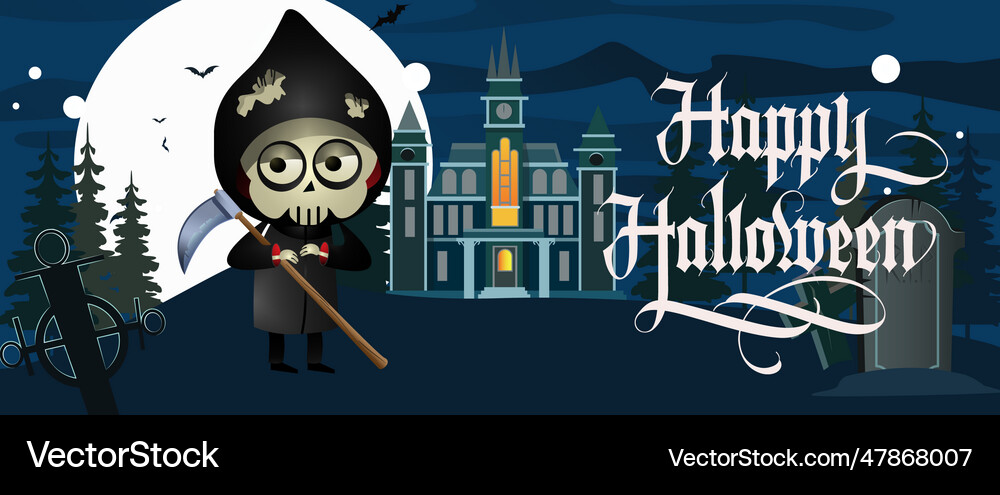 Happy halloween lettering with grim reaper castle Vector Image