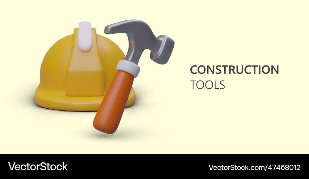 Builder set 3d helmet and hammer in cartoon style Vector Image