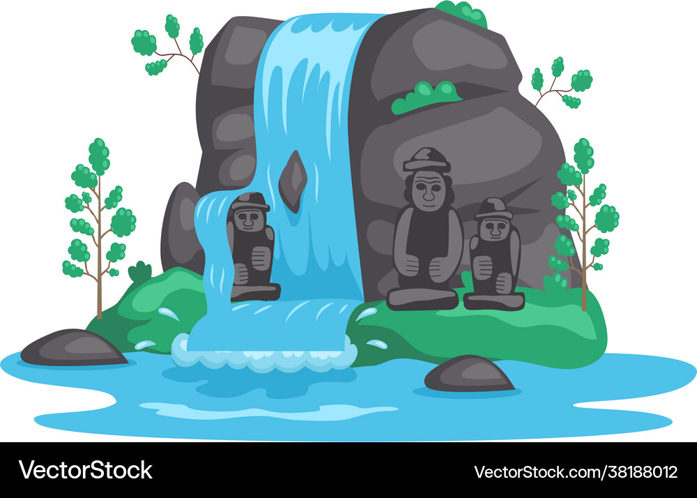 Rock stone sculptures and tropical waterfall Vector Image