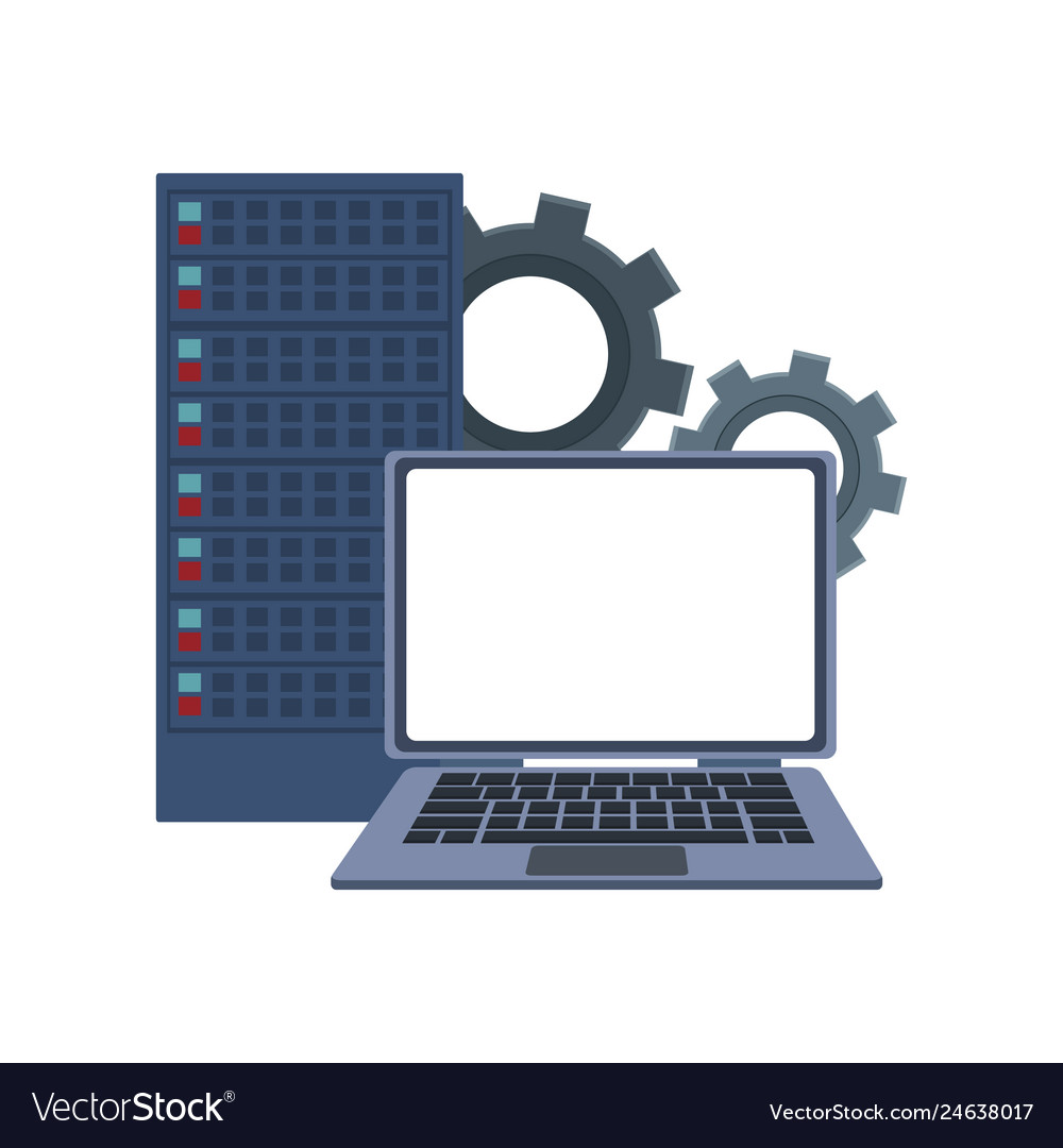 Laptop and servers with gears Royalty Free Vector Image