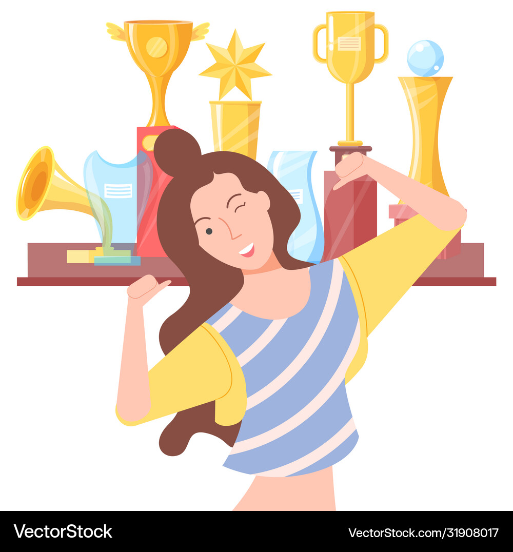 Winking female and golden regards win Royalty Free Vector