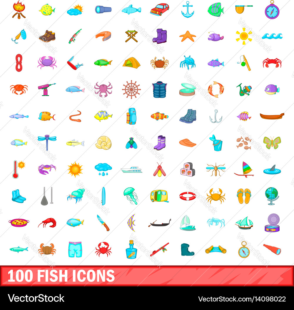 100 fish icons set cartoon style Royalty Free Vector Image