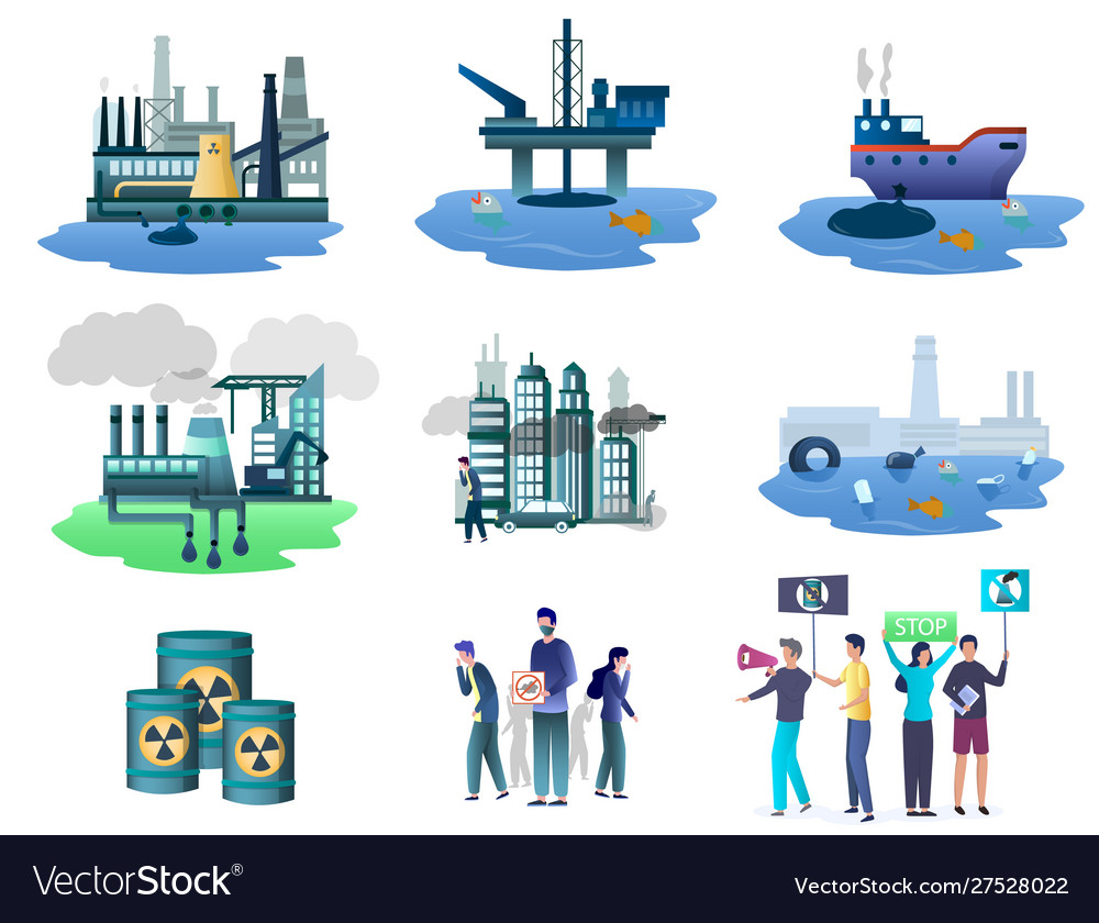 Ecology pollution sources set isolated Royalty Free Vector