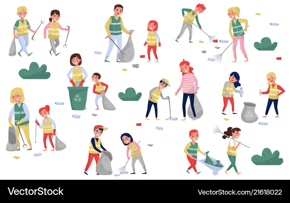 Volunteers gathering garbage and plastic waste Vector Image