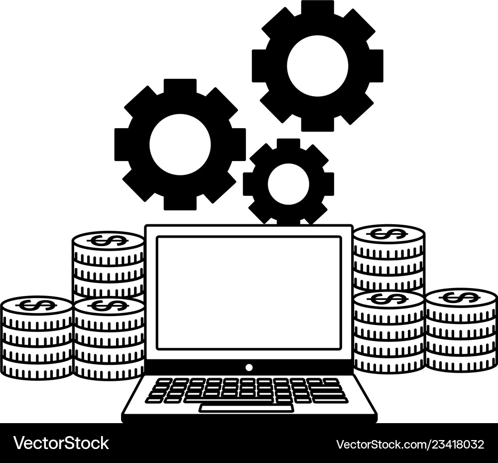 Business laptop stack coins money gears Royalty Free Vector