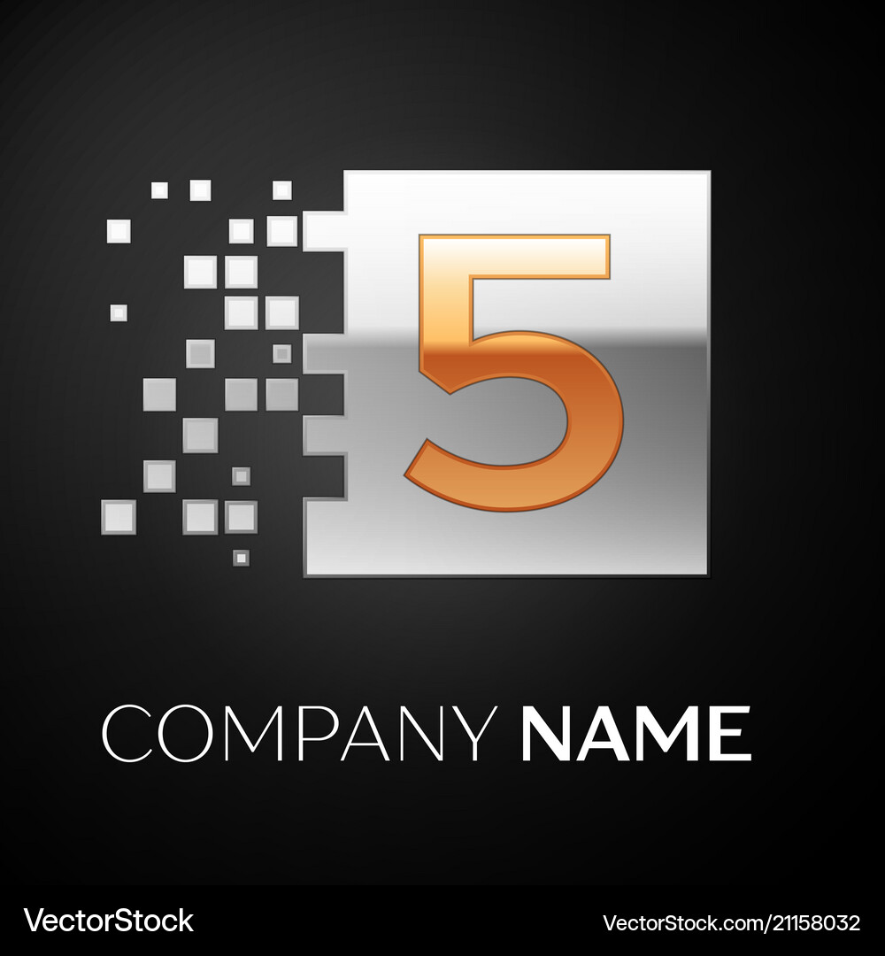 Number five logo symbol in golden-silver square Vector Image