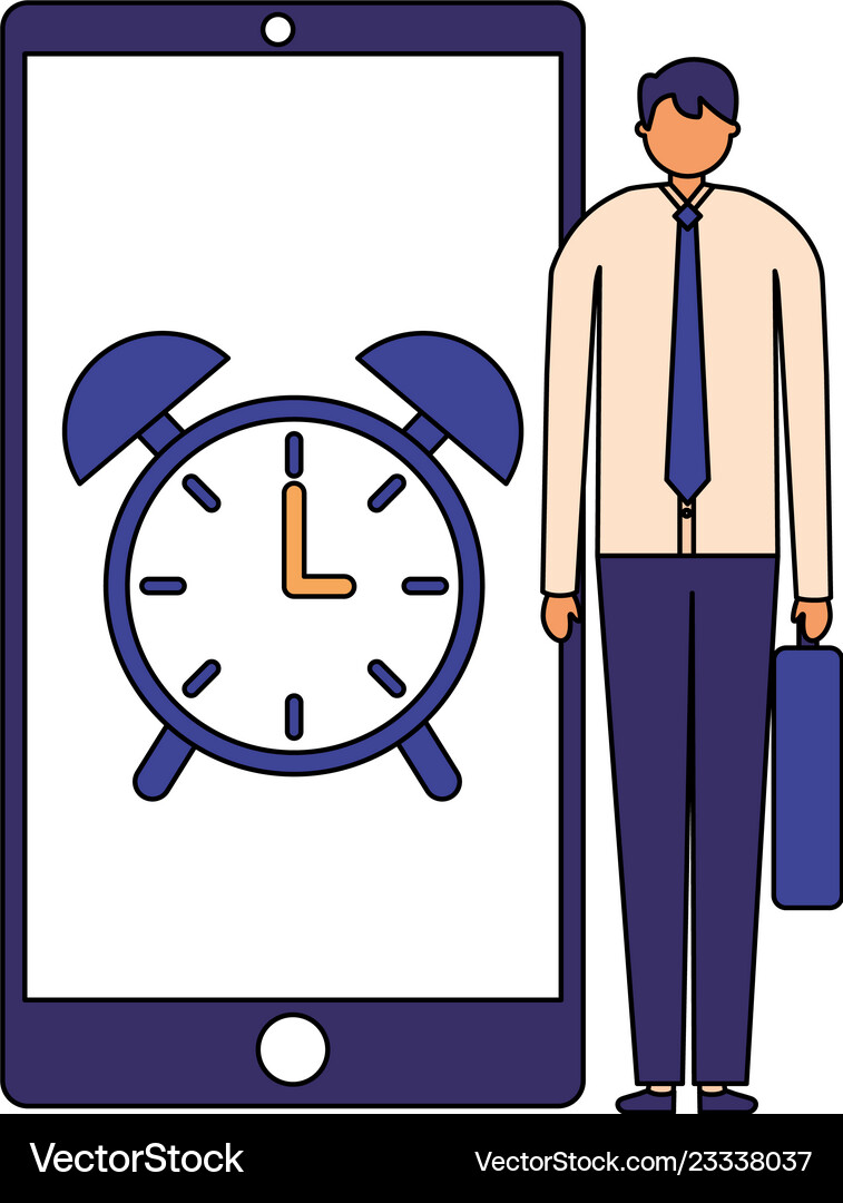Businessman and mobile clock alarm Royalty Free Vector Image
