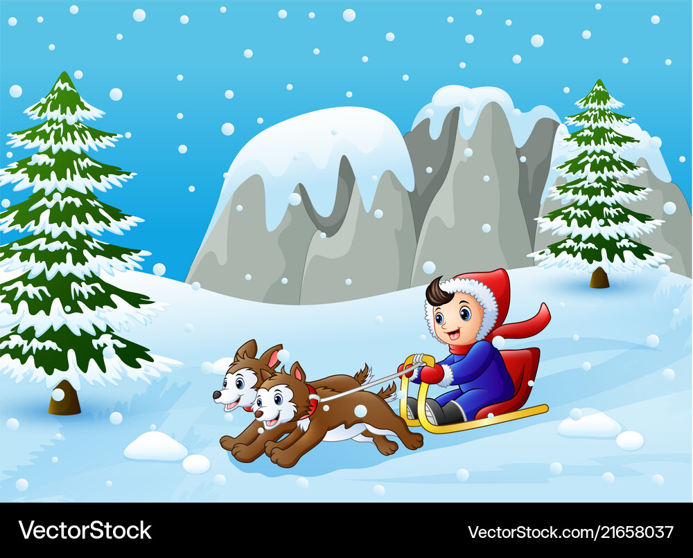 Cartoon boy riding sled on the downhill pulled by Vector Image