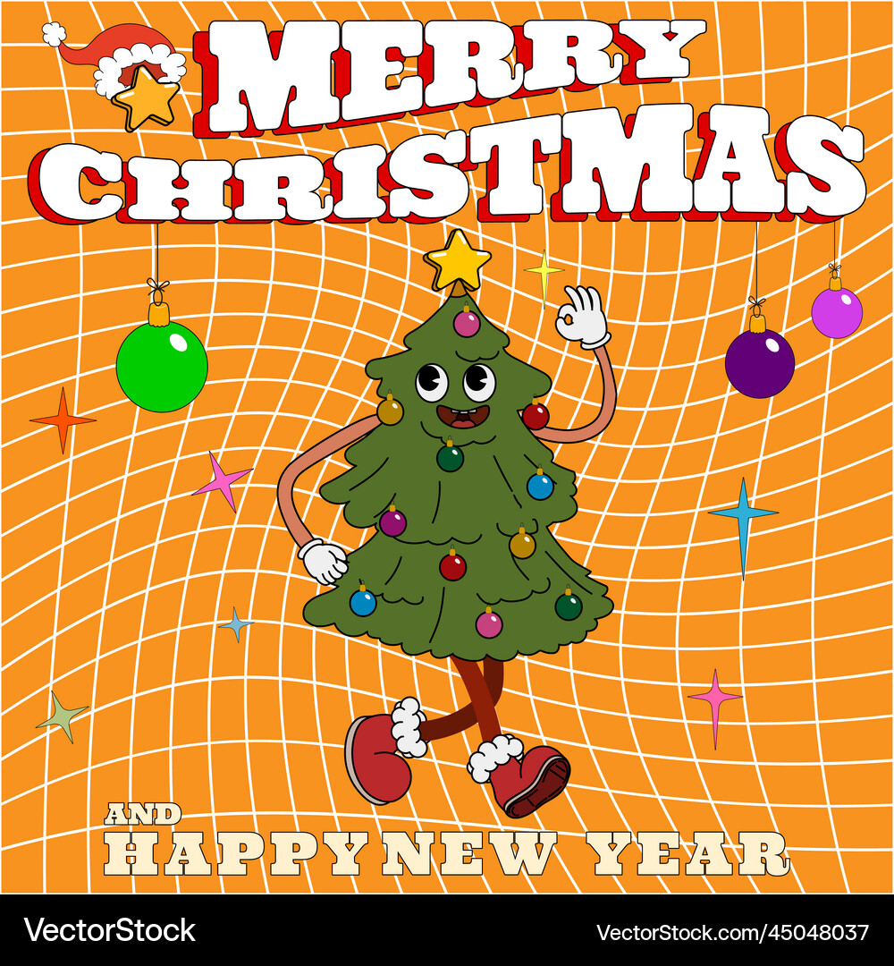 Groovy hippie christmas poster tree Royalty Free Vector