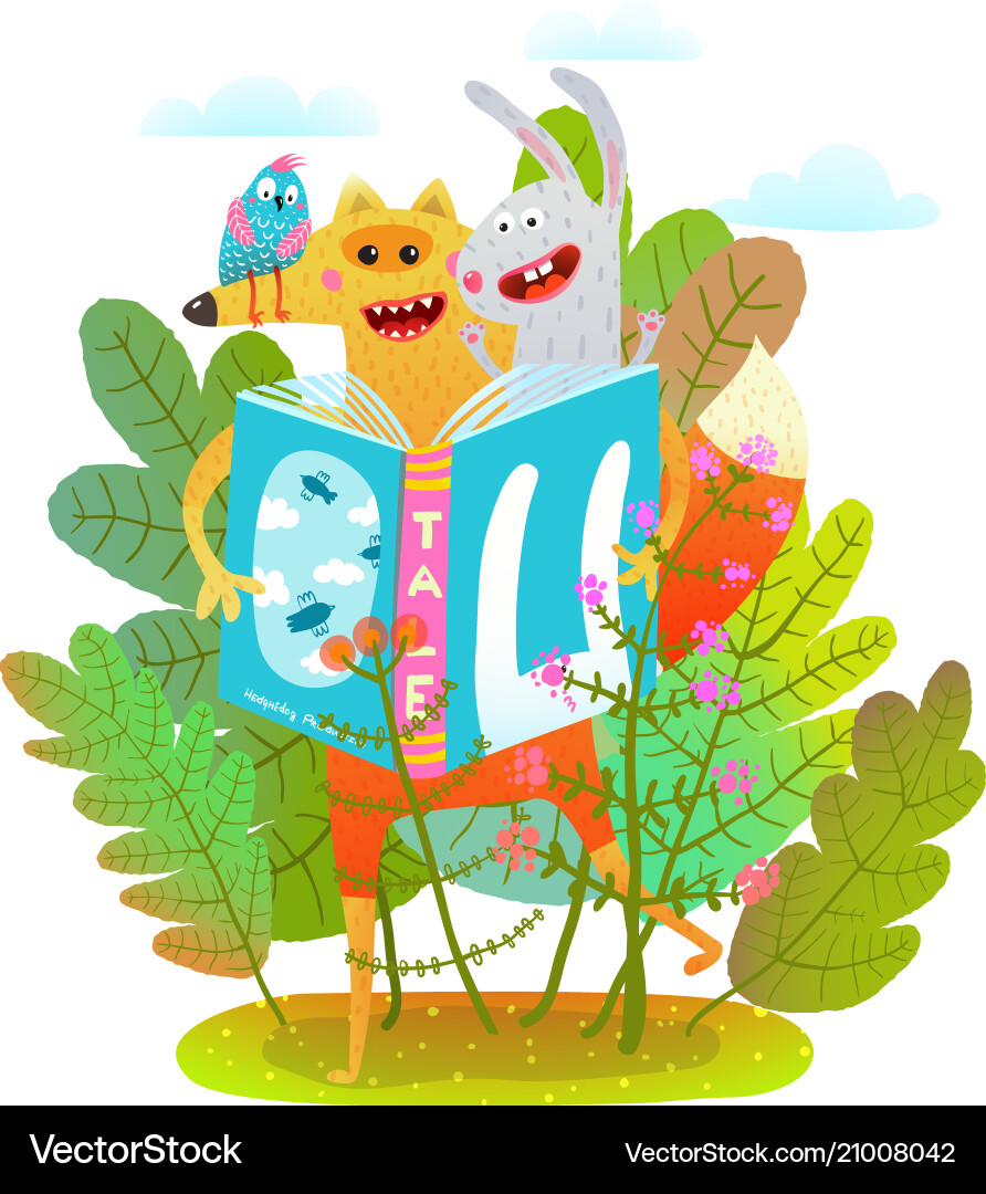 Happy fox rabbit and bird reading book in forest Vector Image