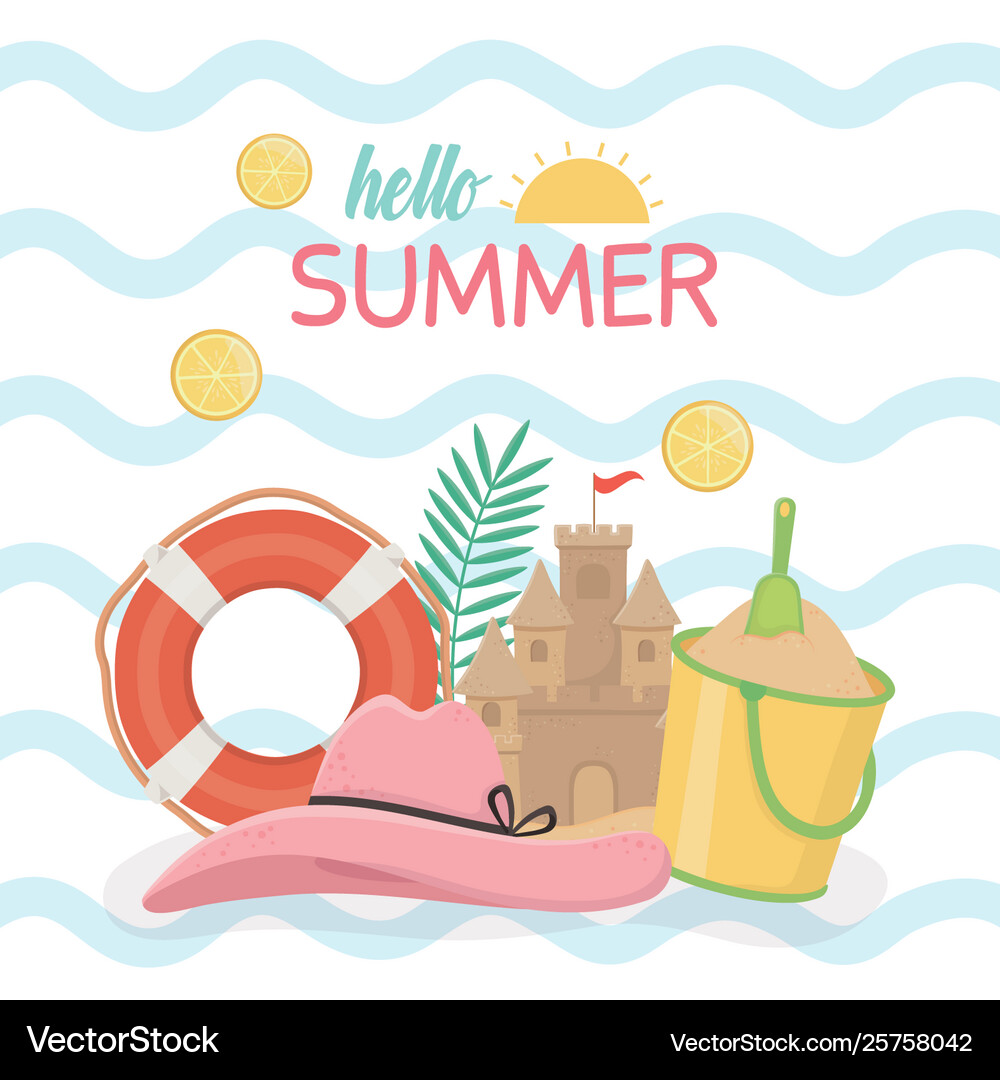 Hello summer poster with female hat icons Vector Image