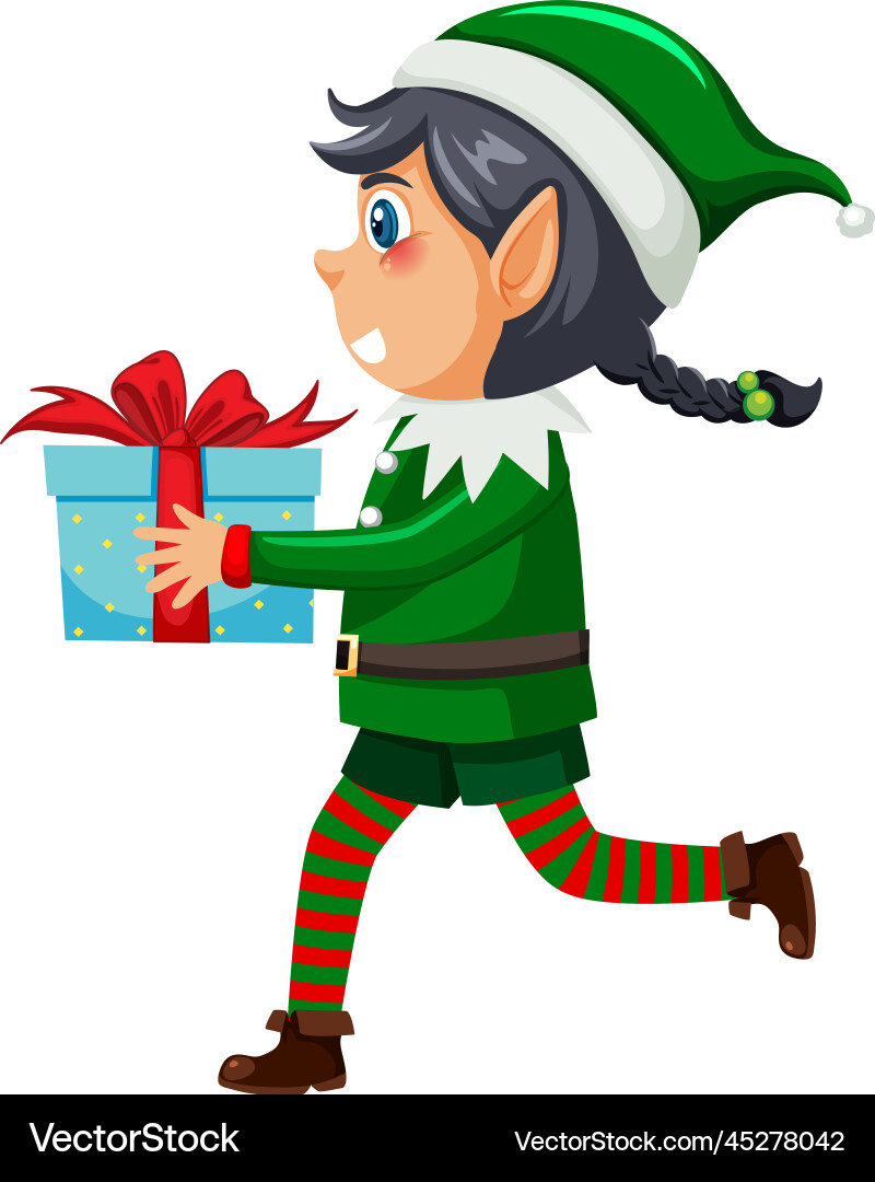 Little elf holding christmas gift Royalty Free Vector Image
