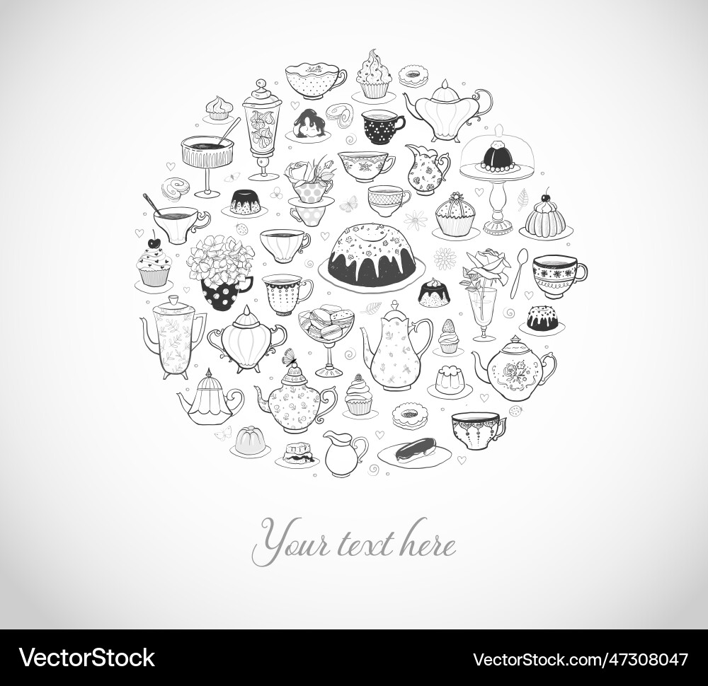 Card with tea party doodles on white background Vector Image
