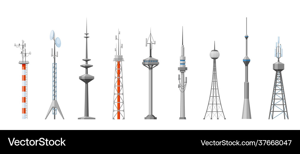 Cell towers and telecoms set metal construction Vector Image