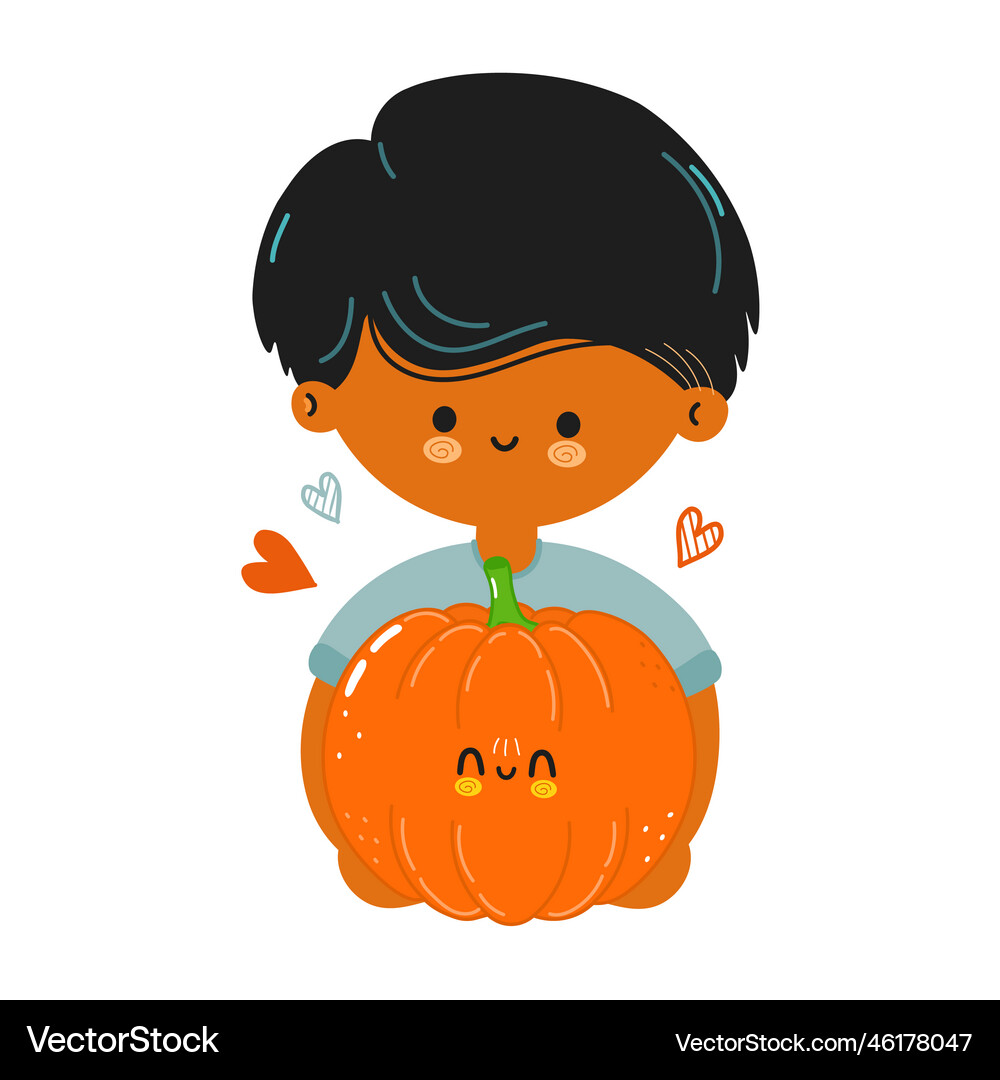 Young cute funny boy hold pumpkin in hand Vector Image