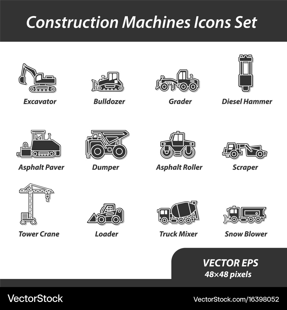 Construction machines set of flat icons Royalty Free Vector