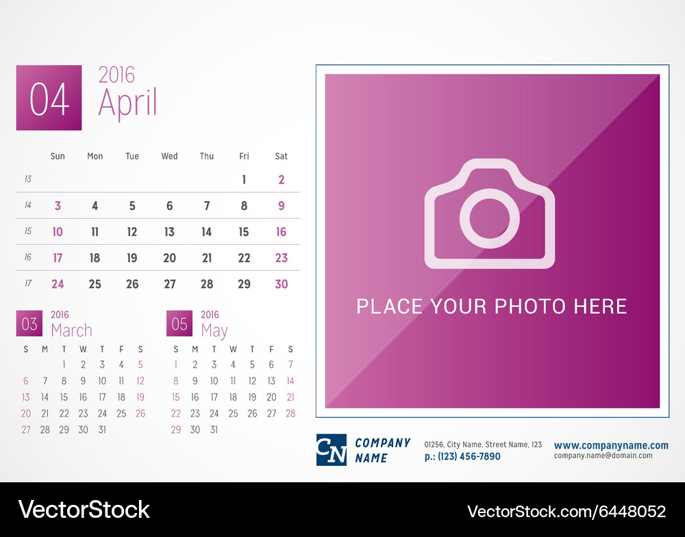 Desk calendar 2016 print template april week Vector Image