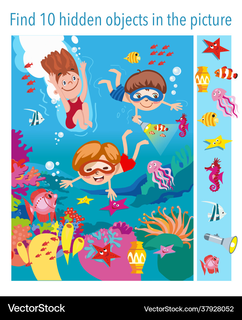 Find 10 objects in picture children swim Vector Image