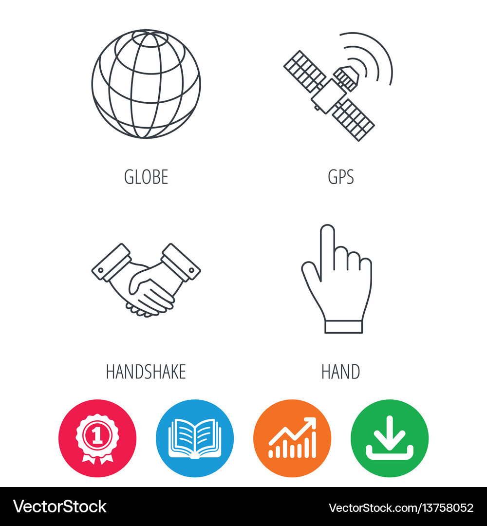 Handshake globe and gps satellite icons Royalty Free Vector