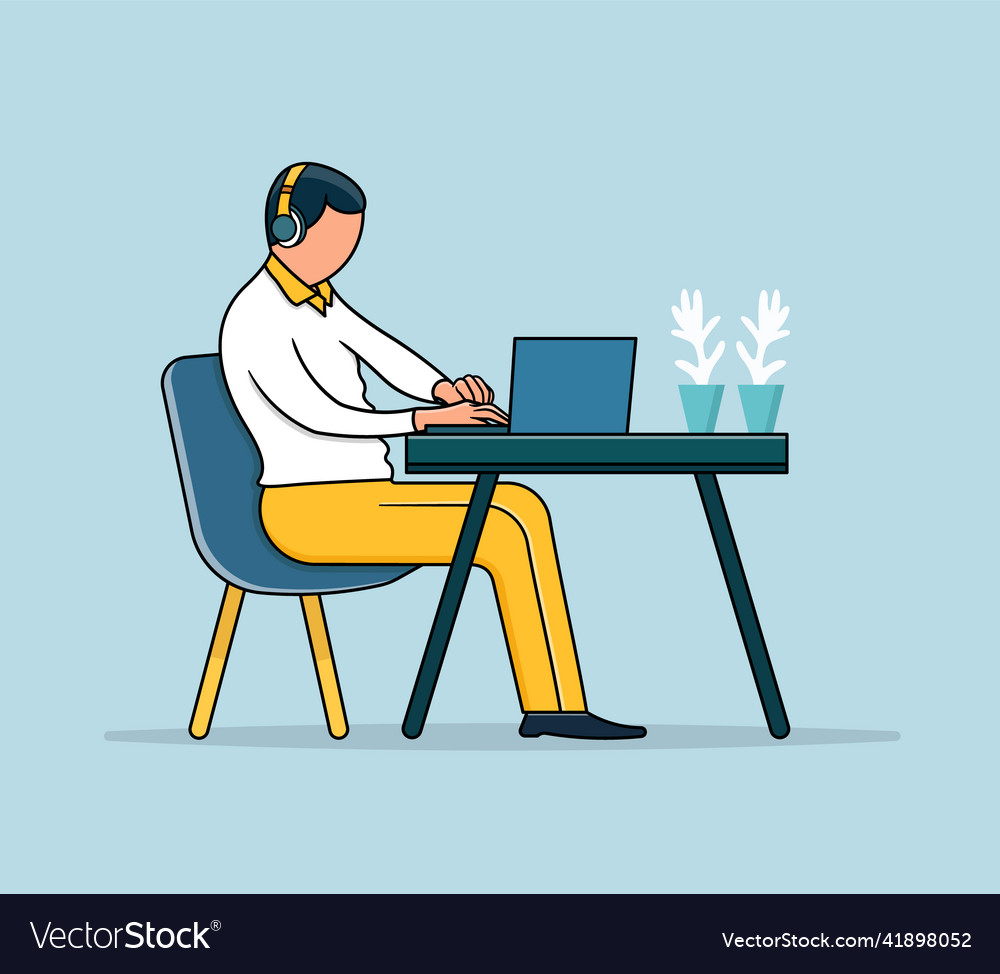 Man Sitting Desk Working Place Laptop Royalty Free Vector
