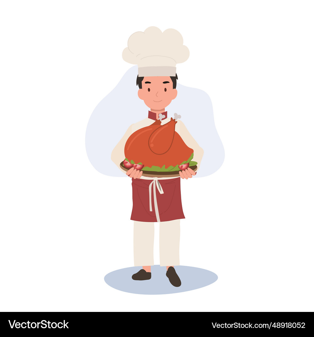 Young chef in chef hat and apron is serving whole Vector Image