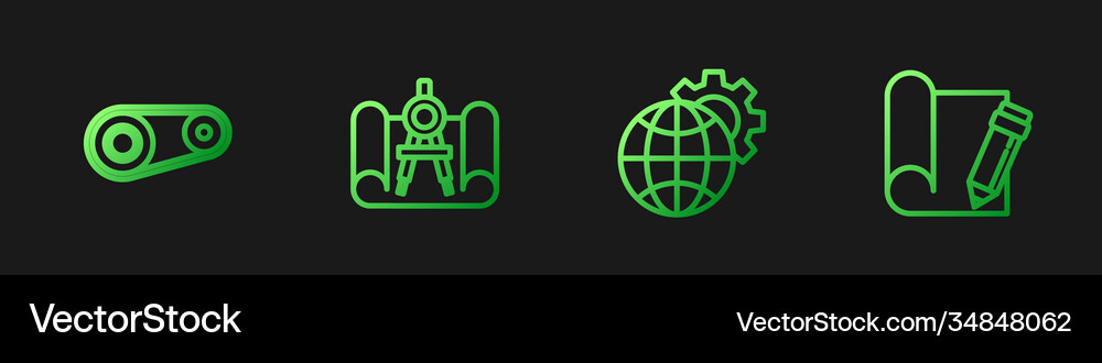 Set line globe earth and gear timing belt Vector Image