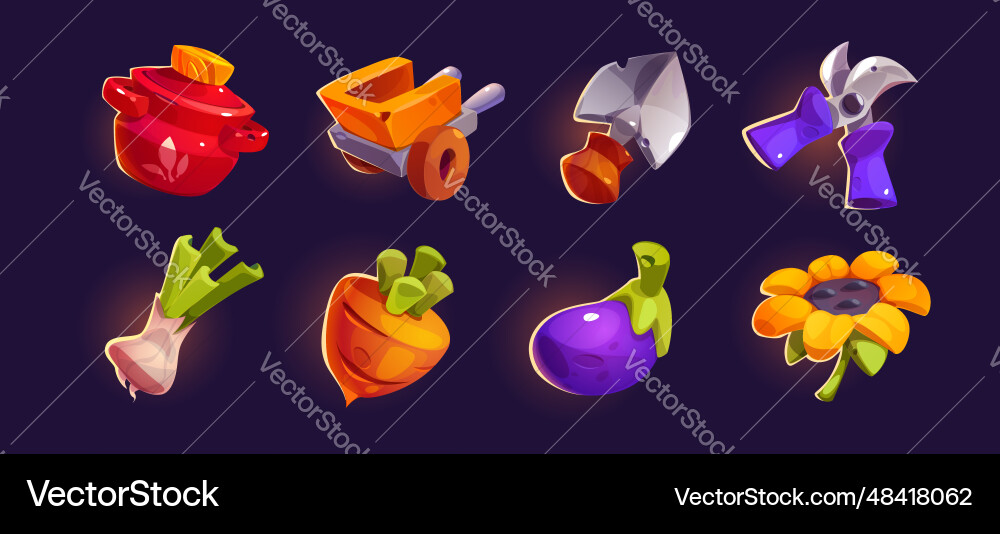 Ui farm game icon set o gardening tool vegetable Vector Image