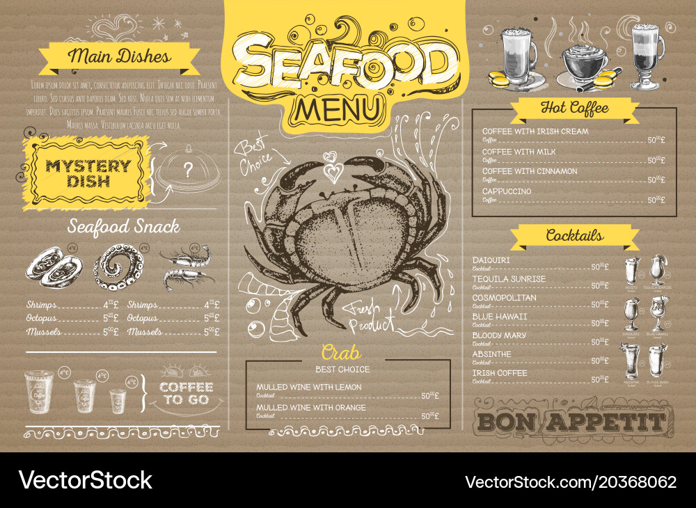 Vintage seafood menu design on cardboard Vector Image