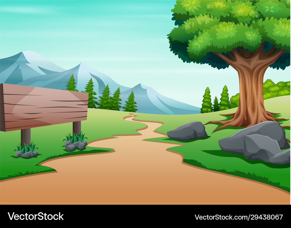 A trail to mountain with empty road sign Vector Image