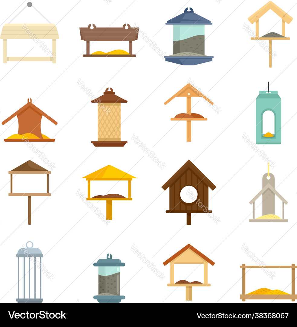 Bird feeders icons set flat isolated Royalty Free Vector