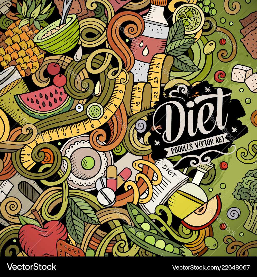 Cartoon doodles diet food frame bright Royalty Free Vector