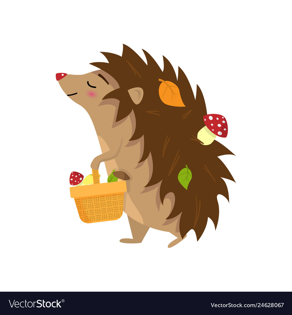 Smiling happy hedgehog collecting mushrooms in Vector Image