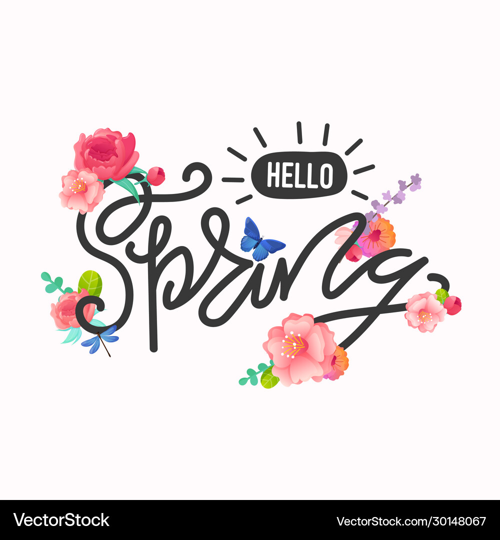 Spring ad text and bright flowers and butterflies Vector Image