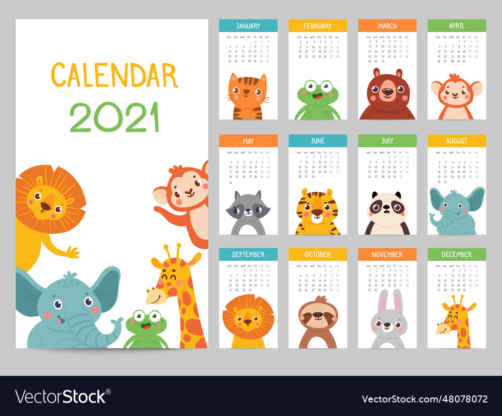 Animals calendar 2021 cute monthly Royalty Free Vector Image