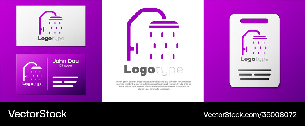 Logotype shower head with water drops flowing icon