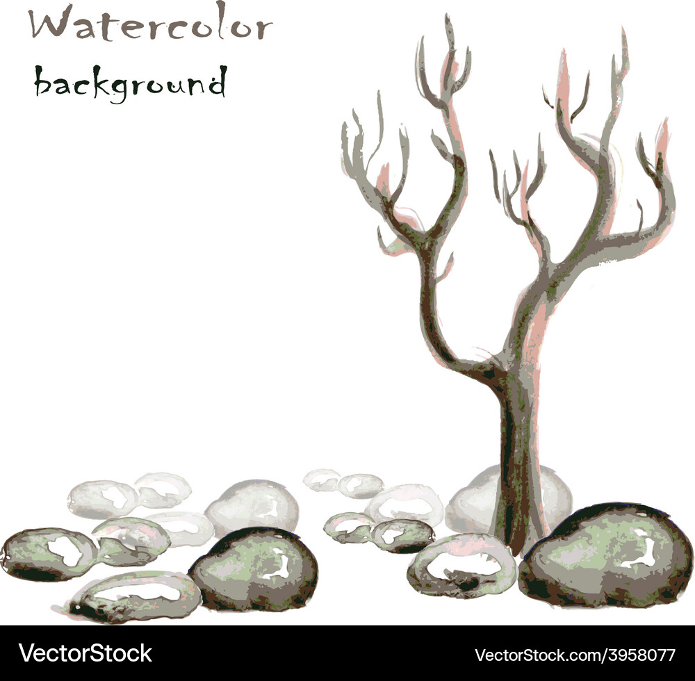 Watercolor background with stones and tree Vector Image