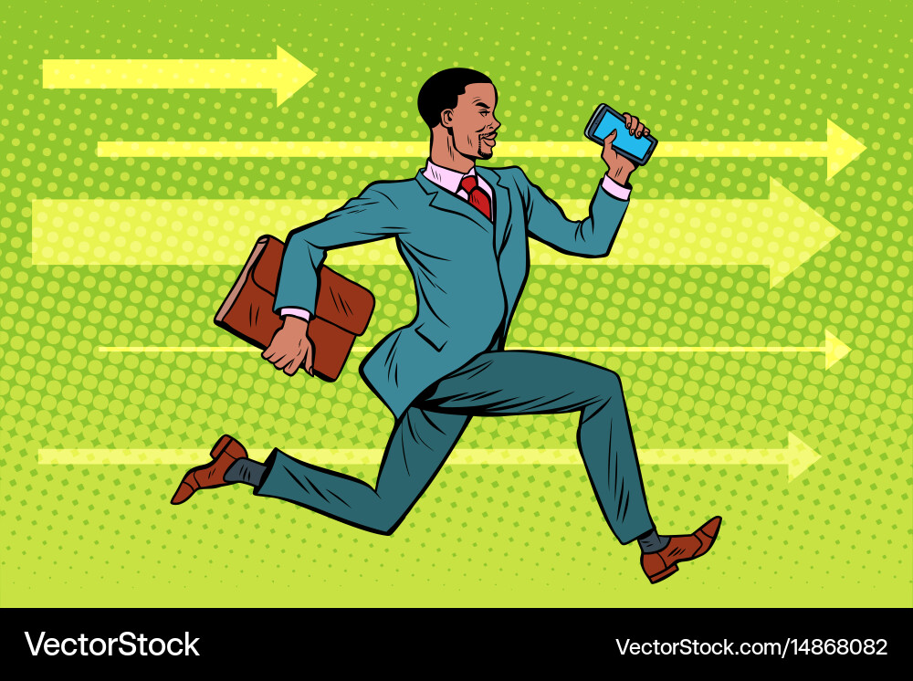 Businessman with a smartphone running fast forward