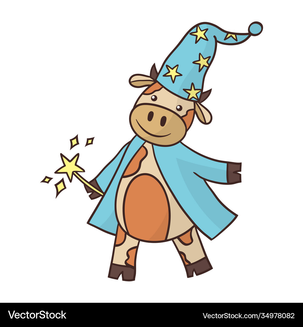 Cartoon bull wizard with a magic wand symbol Vector Image