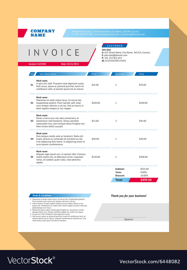 Customizable invoice form template design blue Vector Image
