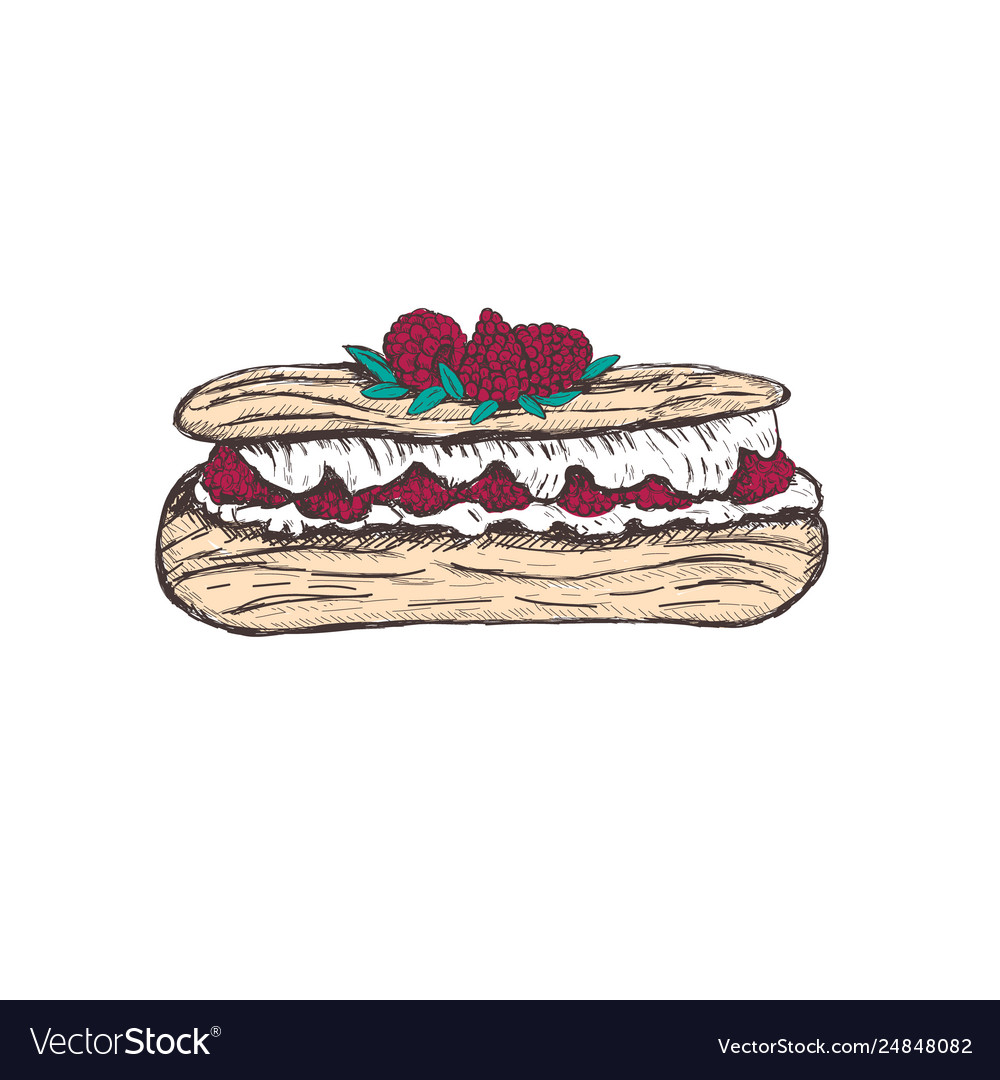 Eclair with raspberry sketch Royalty Free Vector Image