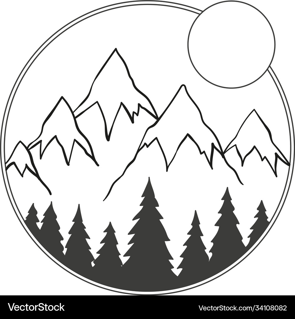 Mountains forest and sun inscribed in a circle Vector Image