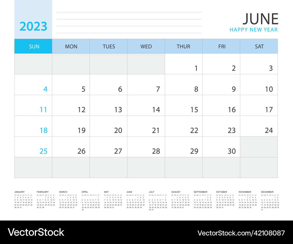 Calendar 2023 year template-june layout design Vector Image