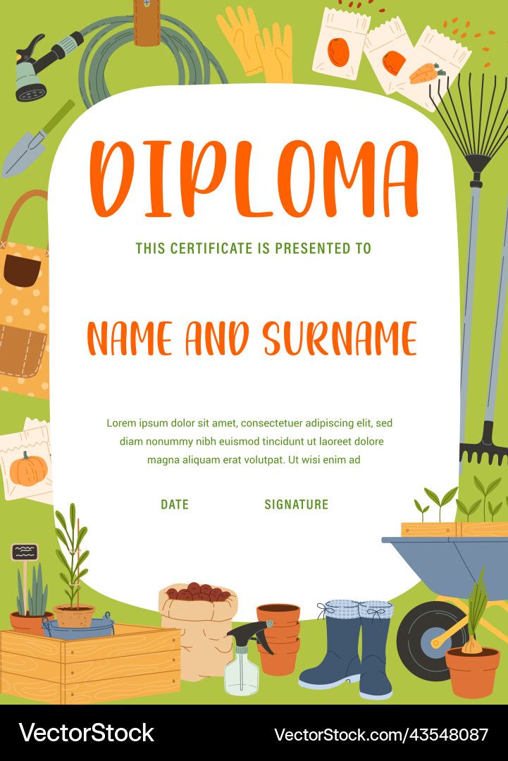 Farmer diploma with farm and gardening tools Vector Image