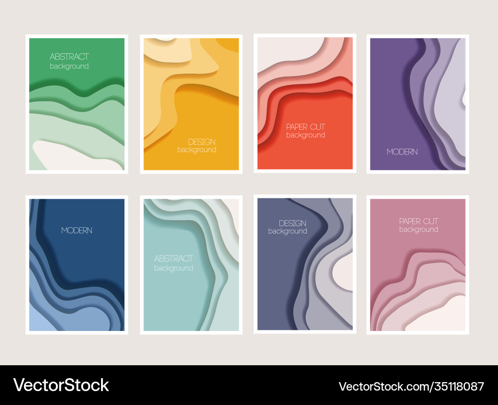 Set 8 backgrounds with colorful paper cut Vector Image