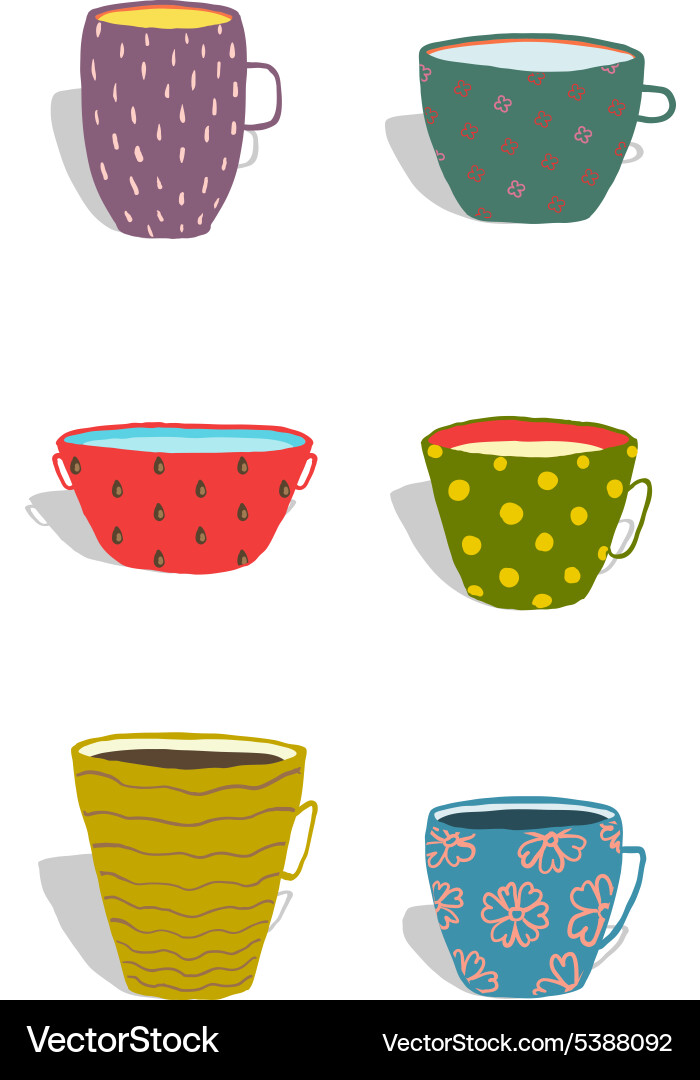 Cups and mugs ceramics colorful fun set Royalty Free Vector